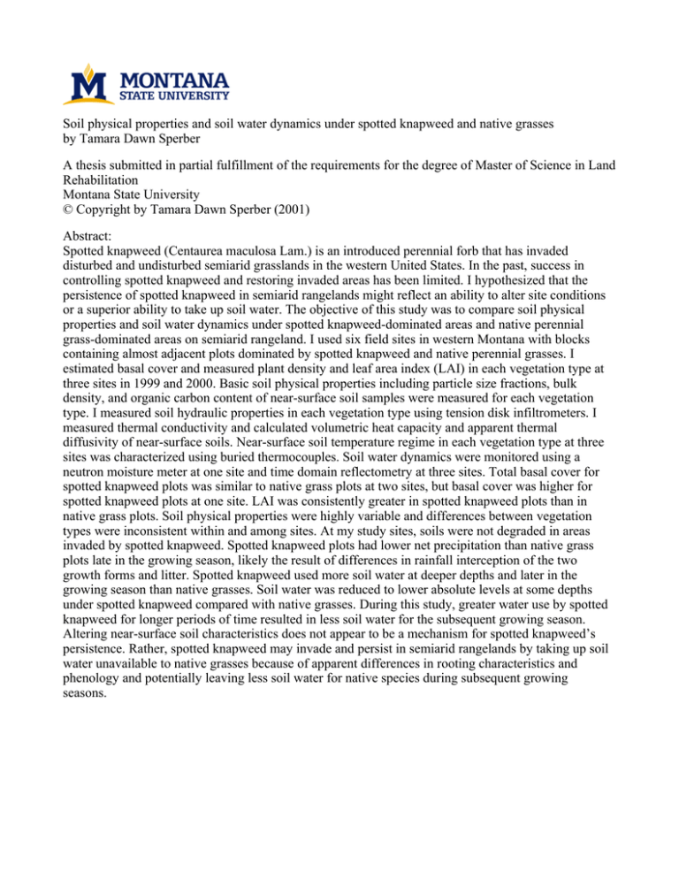 Soil physical properties and soil water dynamics under spotted knapweed ...