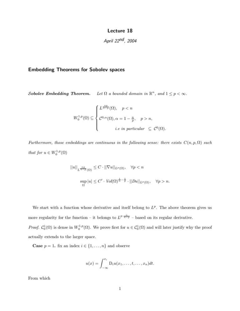 Lecture 18 Embedding Theorems For Sobolev Spaces April 22nd 2004