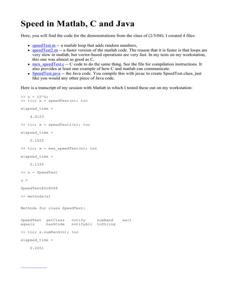 Speed in Matlab, C and Java