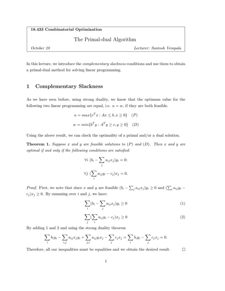 The Primal Dual Algorithm 1 Complementary Slackness