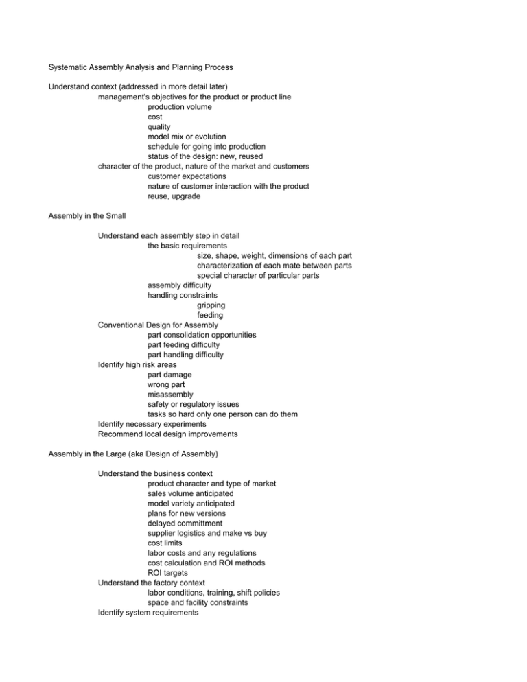 Systematic Assembly Analysis and Planning Process