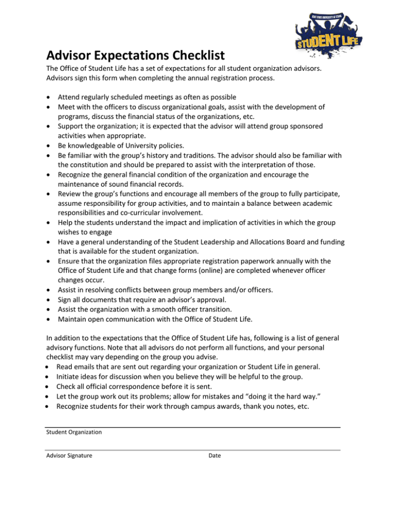 Advisor Expectations Checklist