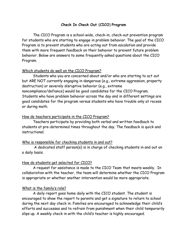 CICO Program Guide: Check In Check Out for Students