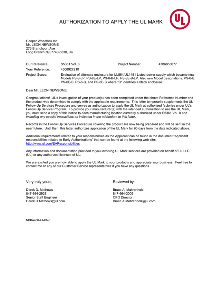 AUTHORIZATION TO APPLY THE UL MARK