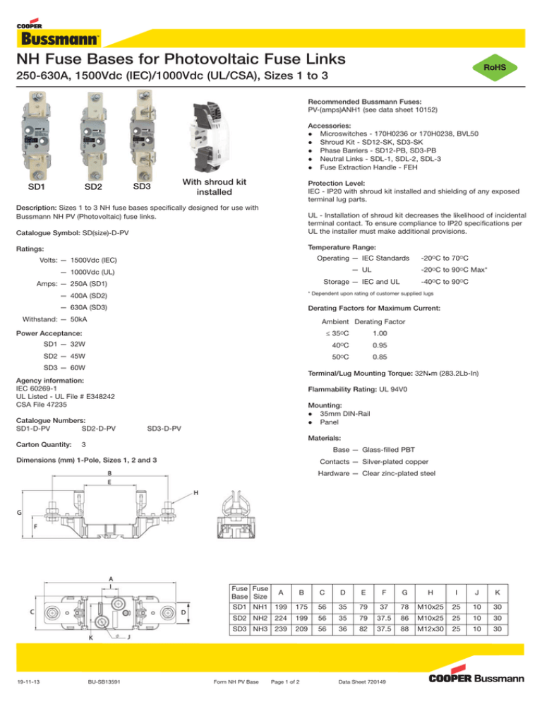 NH Fuse Bases for Photovoltaic Fuse Links