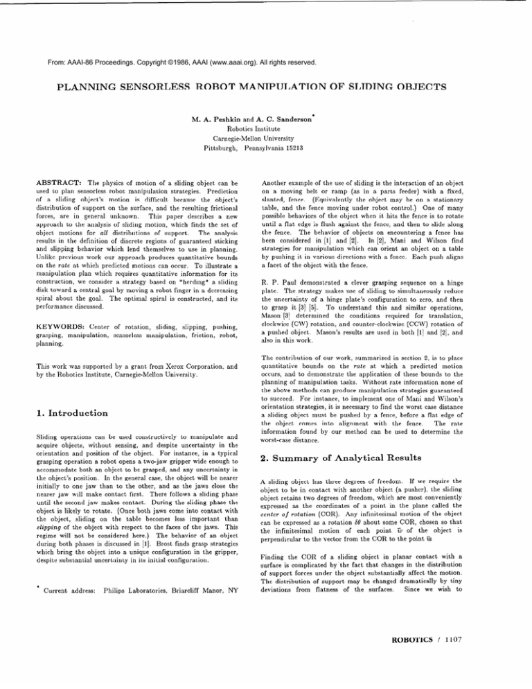 PLANNING SENSORLESS ROBOT MANIPULATION
