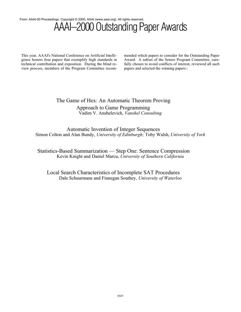 AAAI–2000 Outstanding Paper Awards