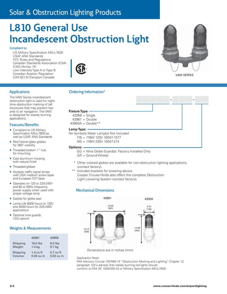 L810 General Use Incandescent Obstruction Light Solar & Obstruction ...