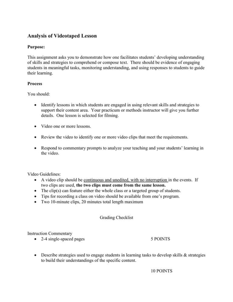 Analysis of Videotaped Lesson