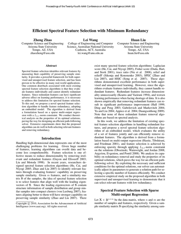 Efficient Spectral Feature Selection With Minimum Redundancy Zheng Zhao Lei Wang Huan Liu