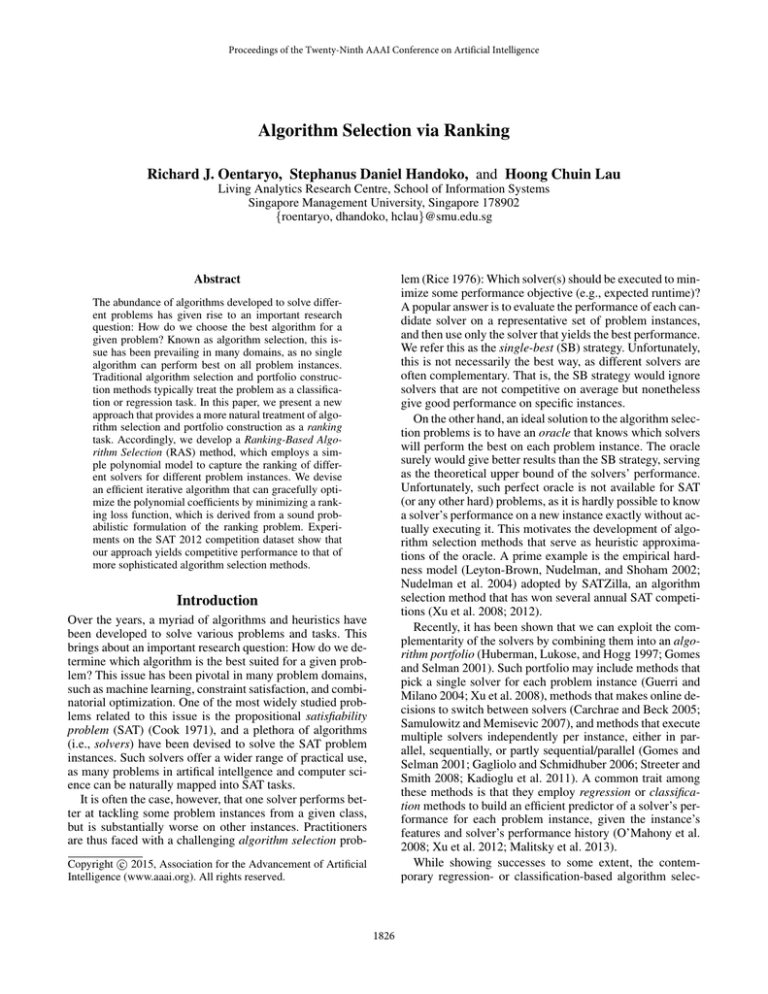Algorithm Selection Via Ranking 