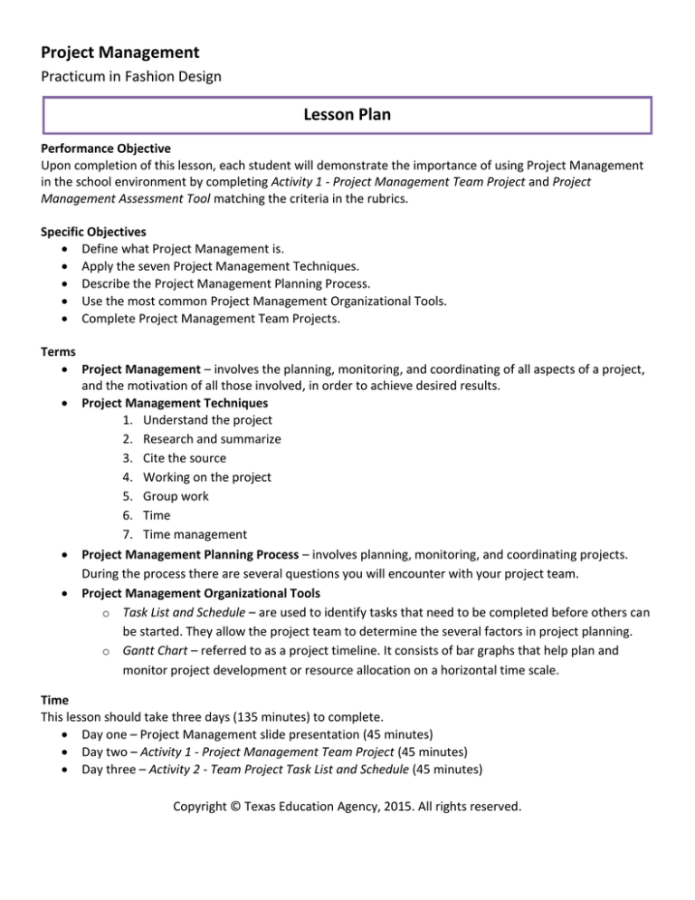 Project Management Lesson Plan: Fashion Design Practicum