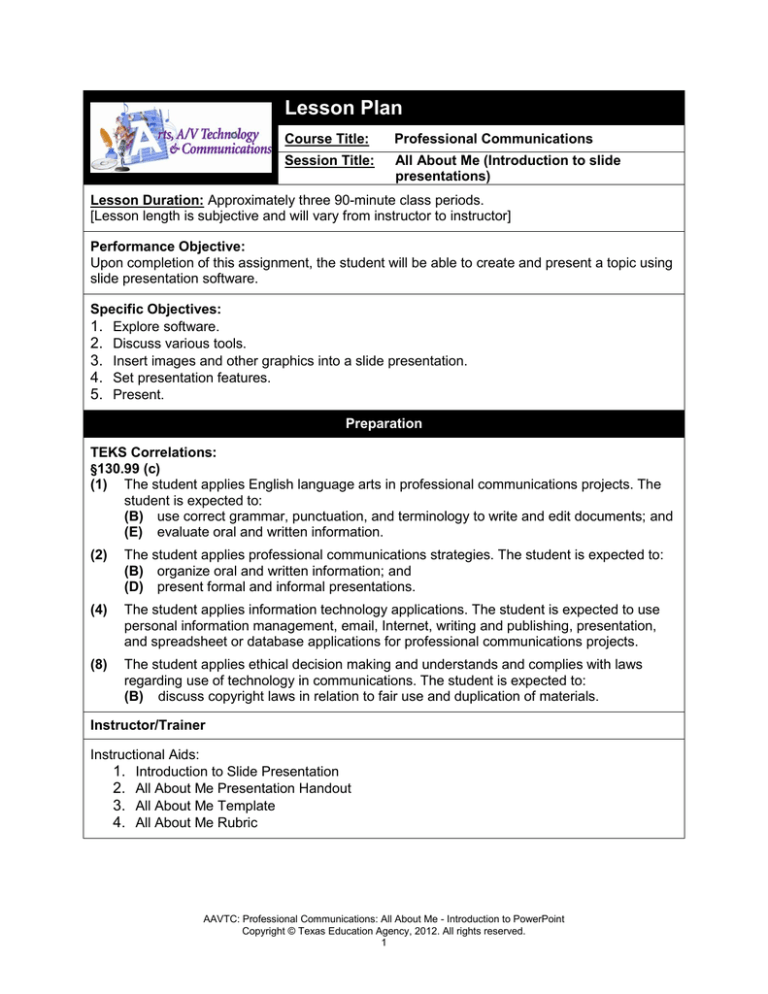 Professional Communications: All About Me Lesson Plan