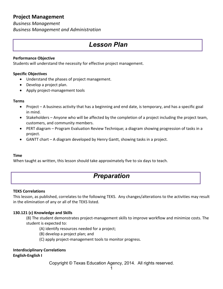 Project Management Lesson Plan: TEKS Aligned