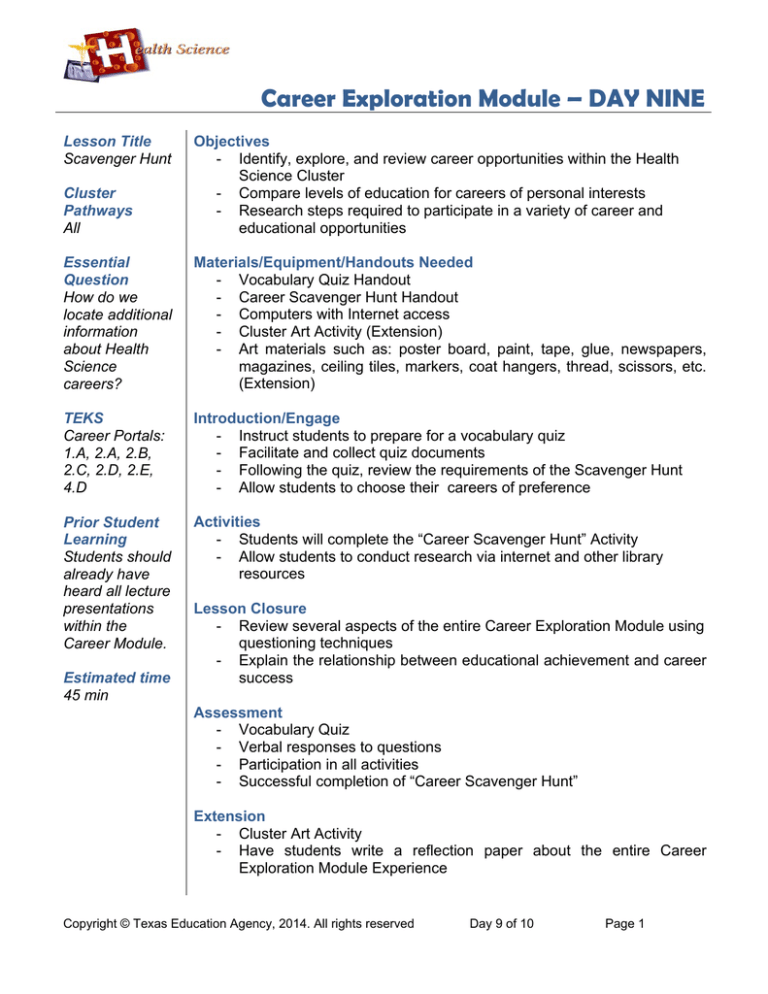 Health Science Career Exploration: Day 9 Lesson Plan