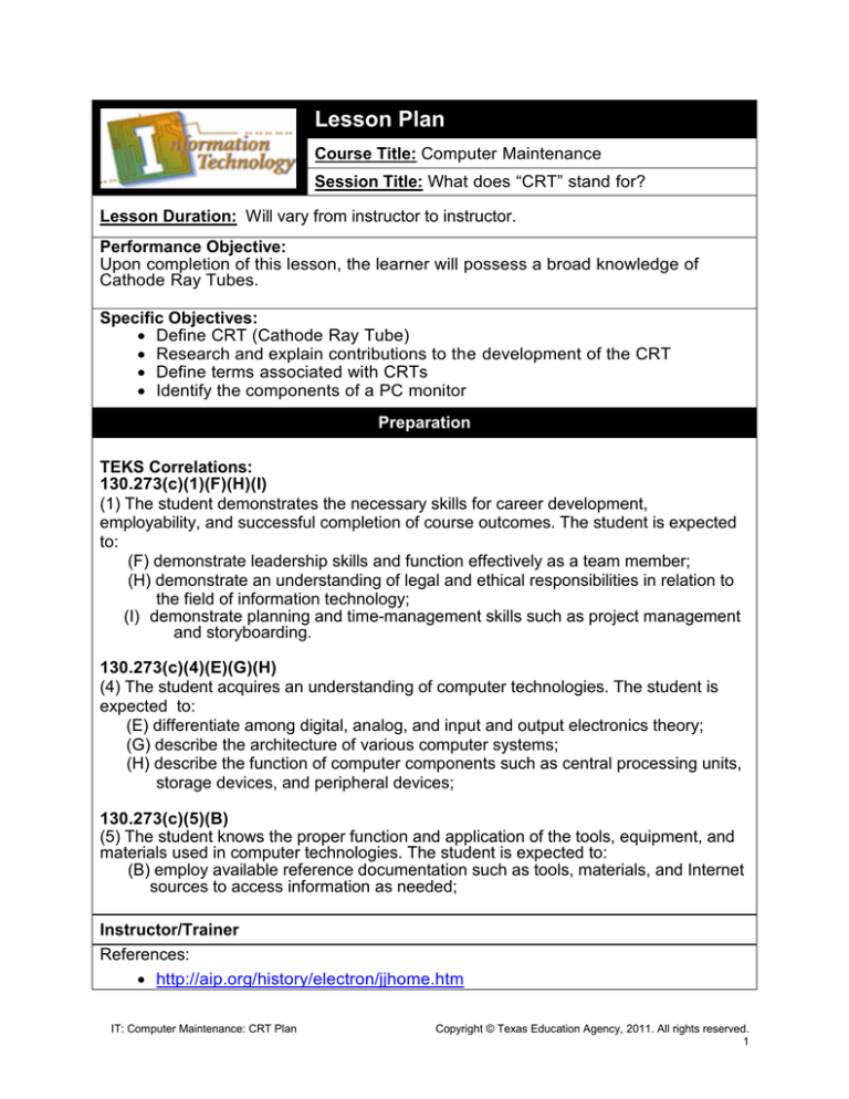 CRT Monitor Lesson Plan: Computer Maintenance