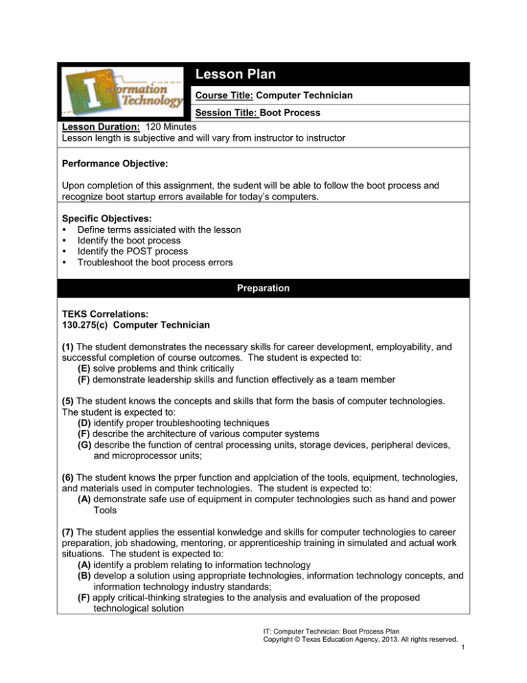 Computer Technician Boot Process Lesson Plan