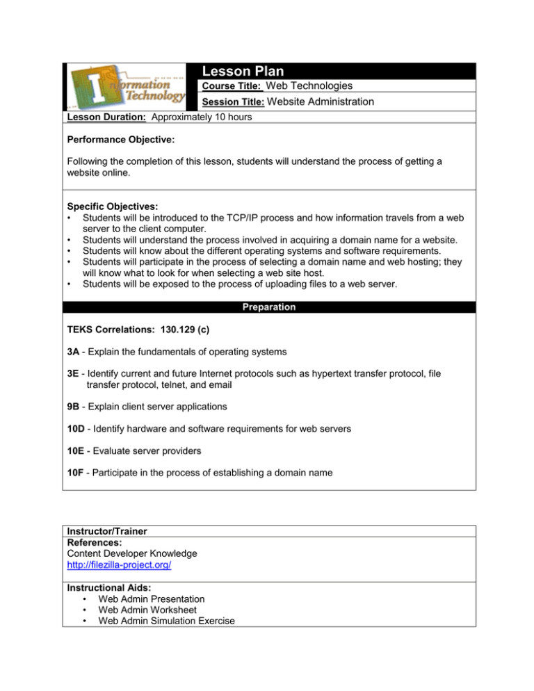 Website Administration Lesson Plan: Web Technologies