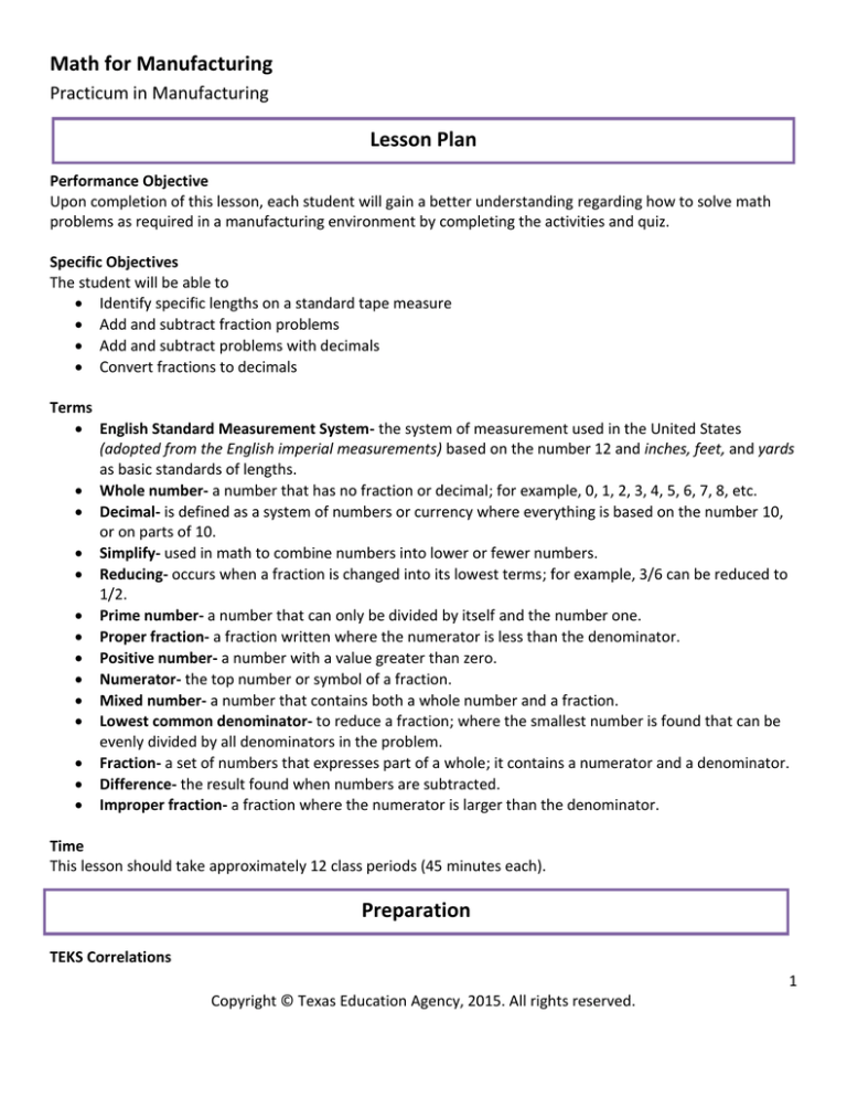 Math for Manufacturing Lesson Plan