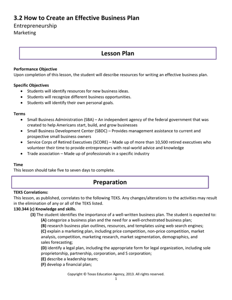 Effective Business Plan Lesson Plan: Entrepreneurship