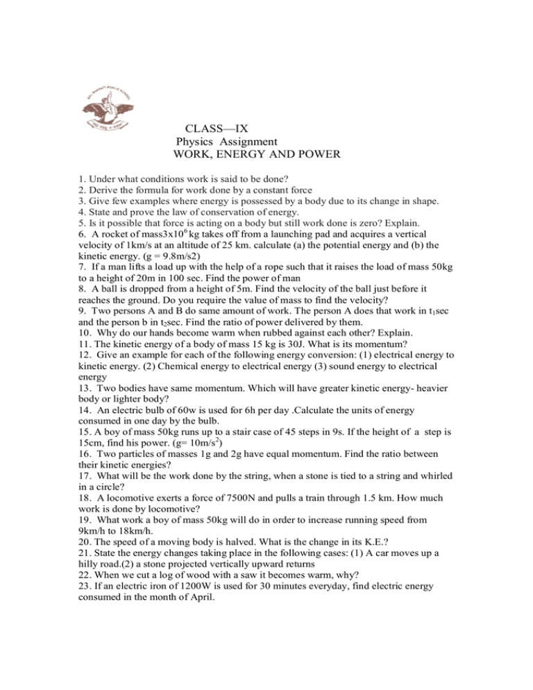 Physics Assignment: Work, Energy, Power - Class IX