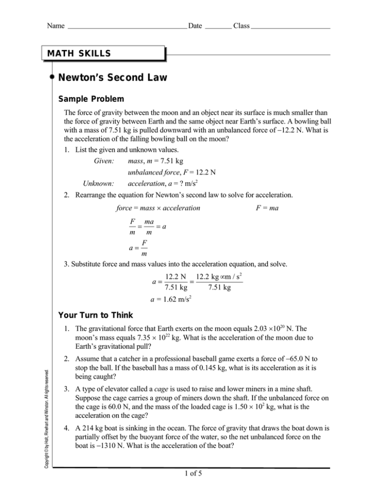 Newton's Second Law Practice Problems Worksheet