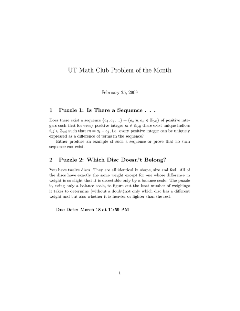 UT Math Club Problem of the Month 1 February 25, 2009