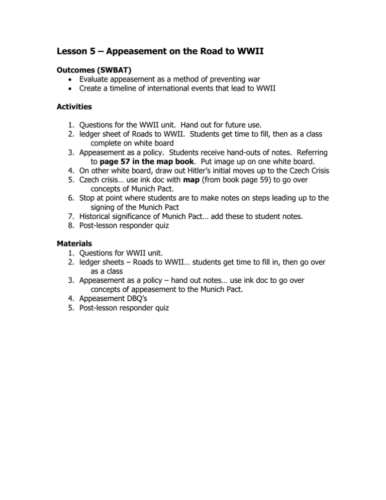 Lesson 5 – Appeasement on the Road to WWII