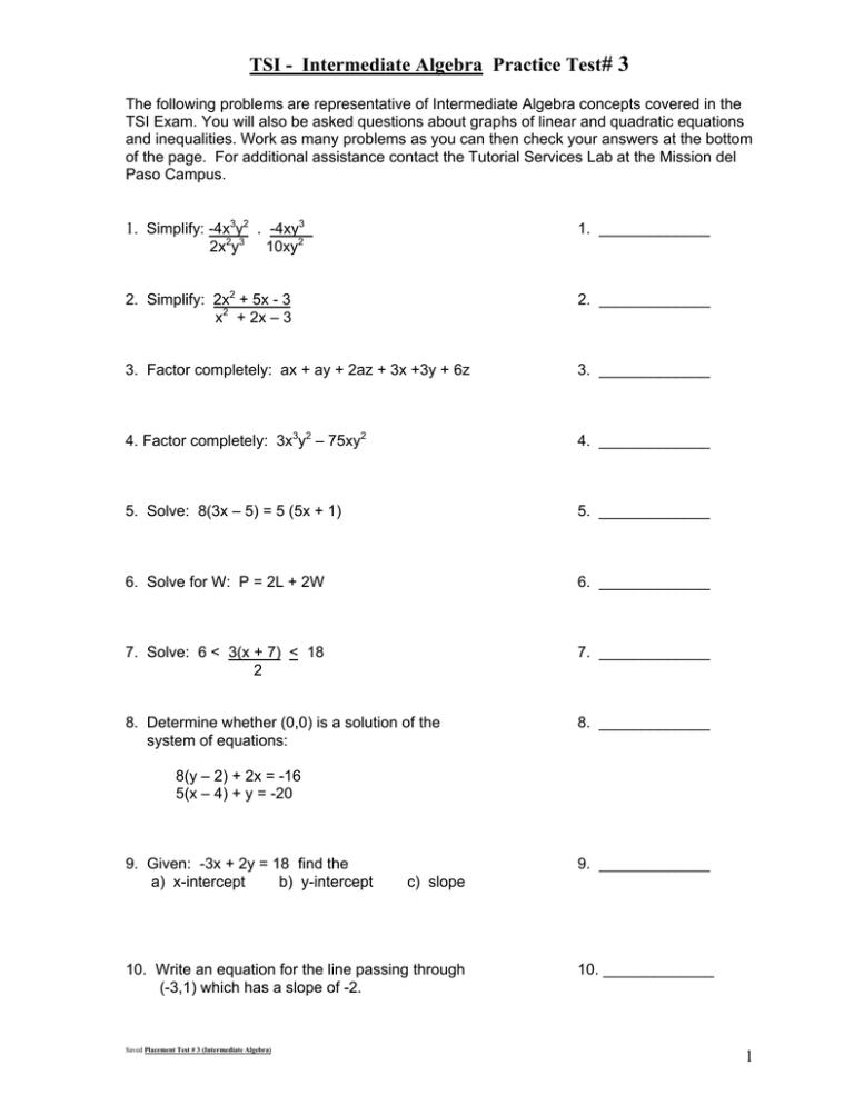 Intermediate Algebra Practice Test #3