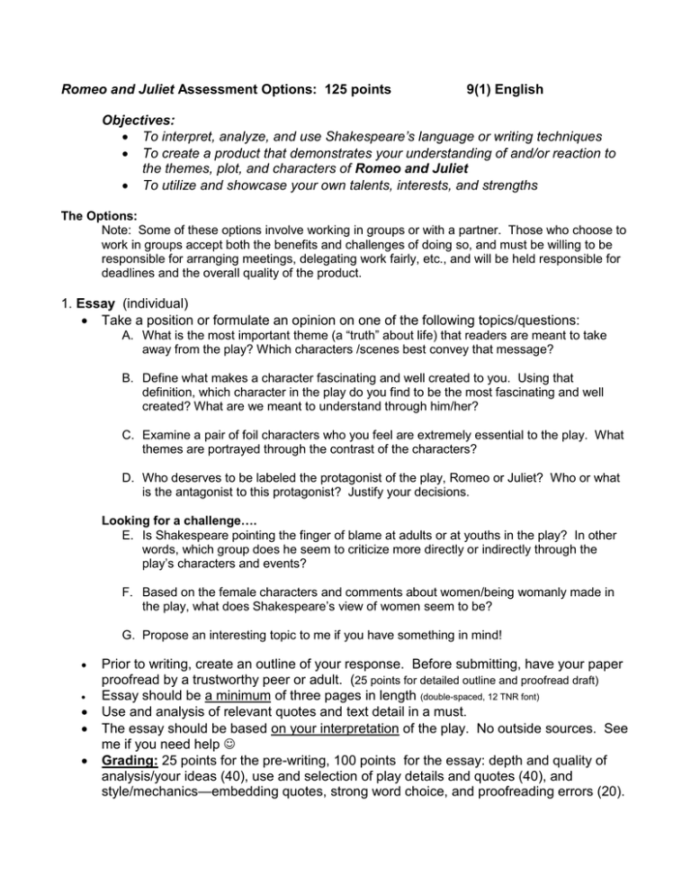 Romeo and Juliet Assessment Options for 9th Grade English