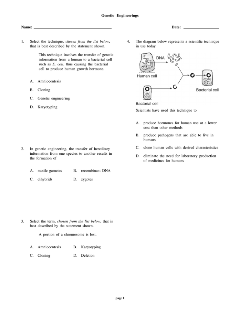 Genetic Engineering Worksheet: DNA & Cloning