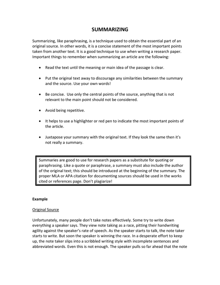 Summarizing Techniques: A Guide for Research Papers