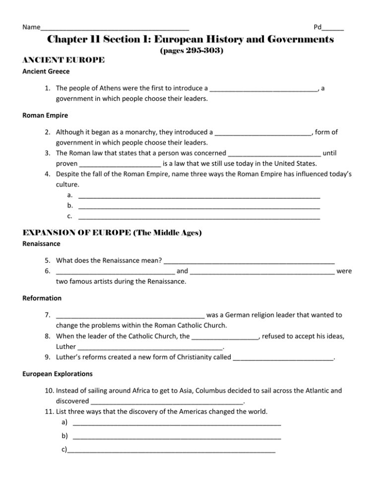 European History Worksheet: Ancient to Modern Europe
