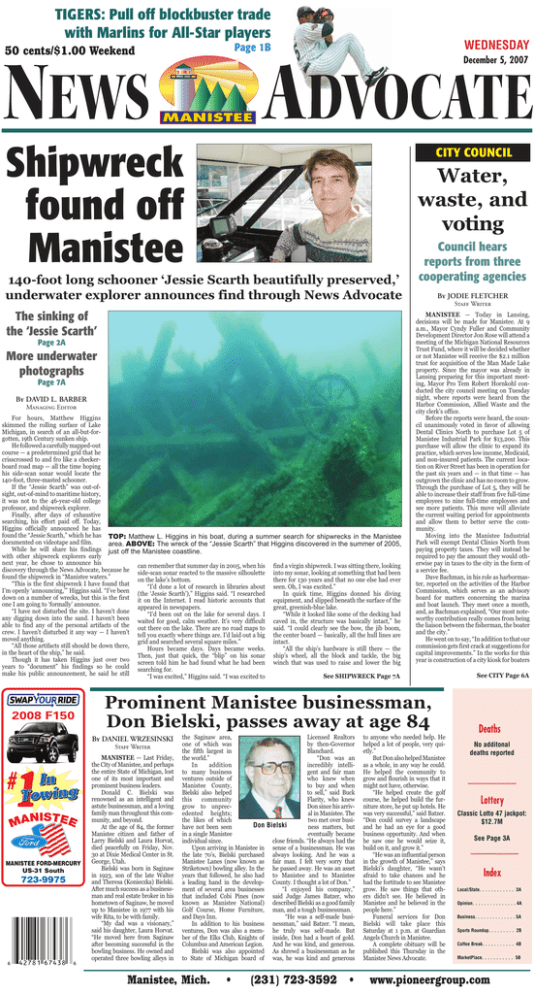Shipwreck Found, Manistee News: Jessie Scarth Discovery