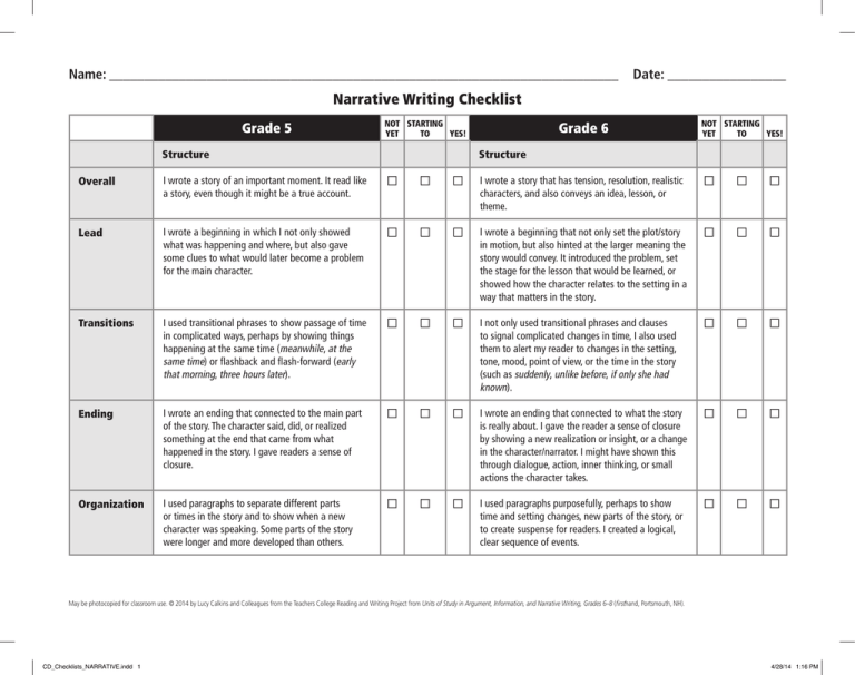 Narrative Writing Checklist: Grades 5 & 6