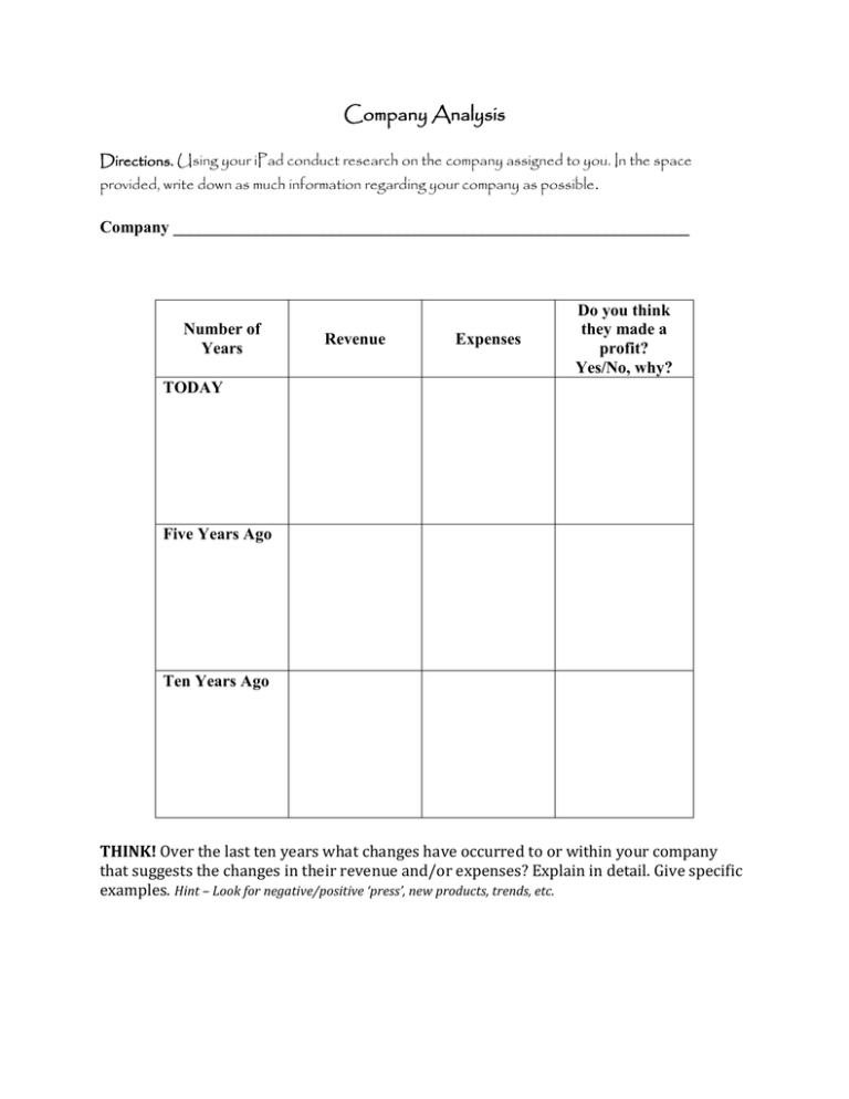 Company Analysis Worksheet
