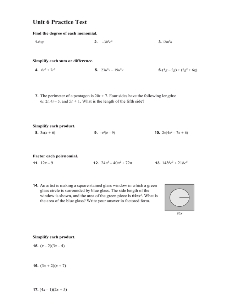 Unit 6 Algebra Practice Test: Monomials, Polynomials, Factoring