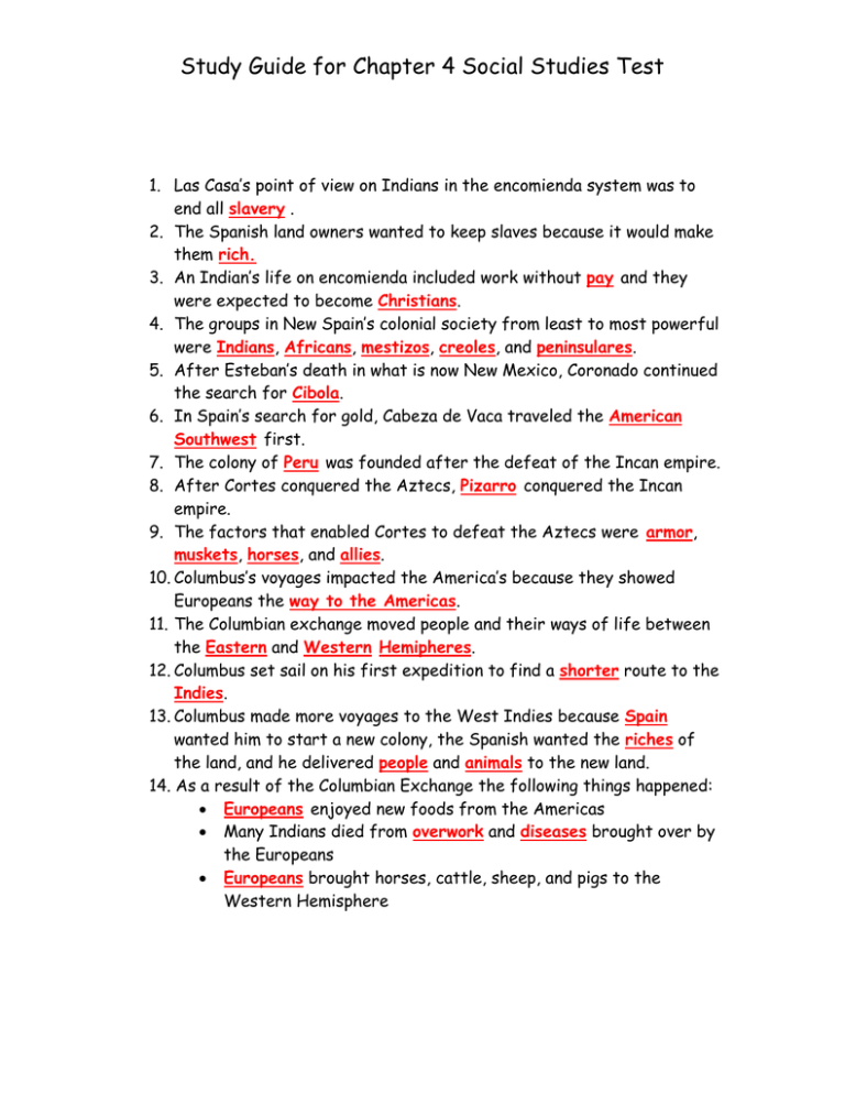 Chapter 4 Social Studies Study Guide: Spanish Colonization