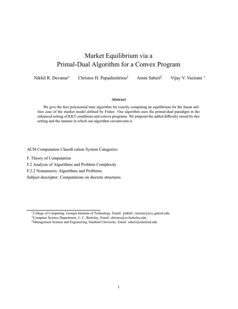 Market Equilibrium via a Primal-Dual Algorithm for a Convex Program