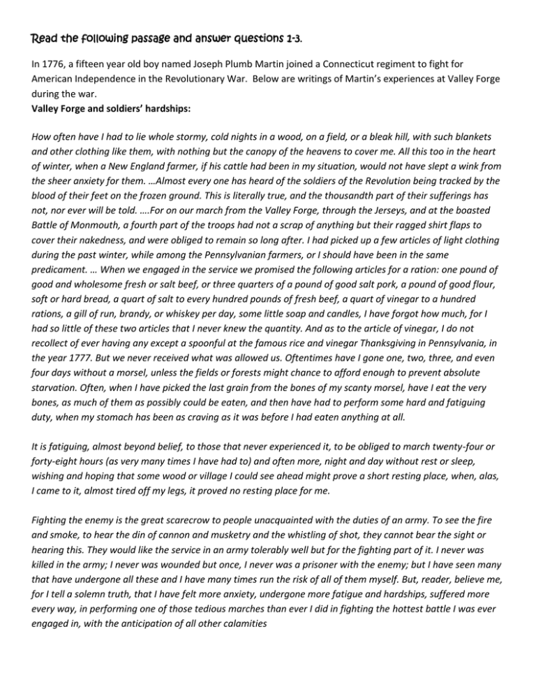 Valley Forge: Soldier Hardships Worksheet