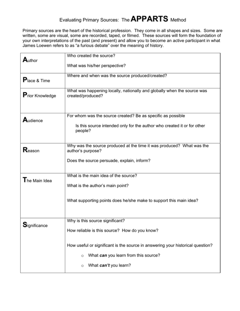 APPARTS Method: Evaluating Primary Sources