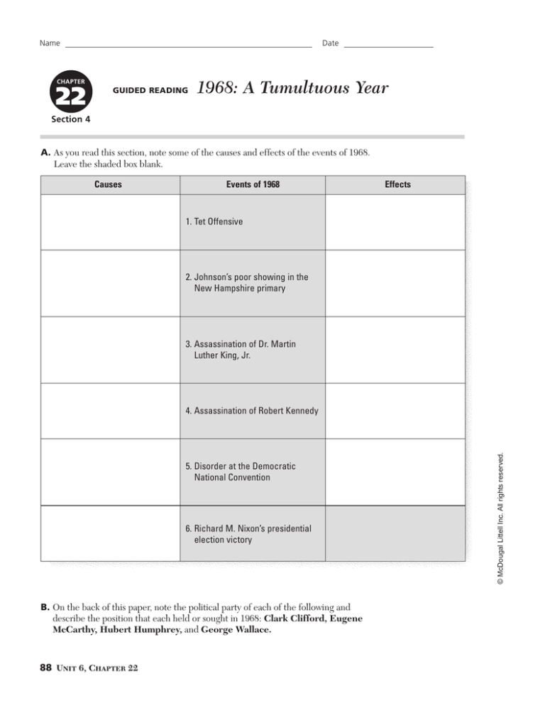 1968: A Tumultuous Year - Guided Reading Worksheet