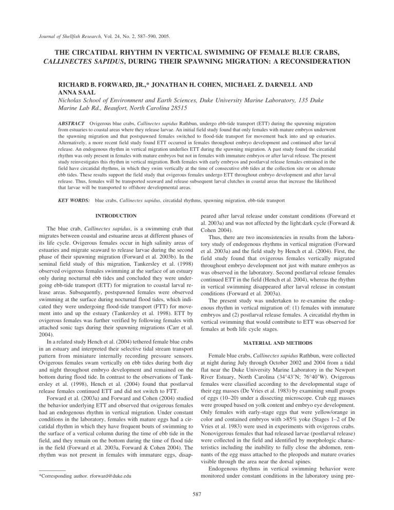 THE CIRCATIDAL RHYTHM IN VERTICAL SWIMMING OF FEMALE BLUE CRABS,