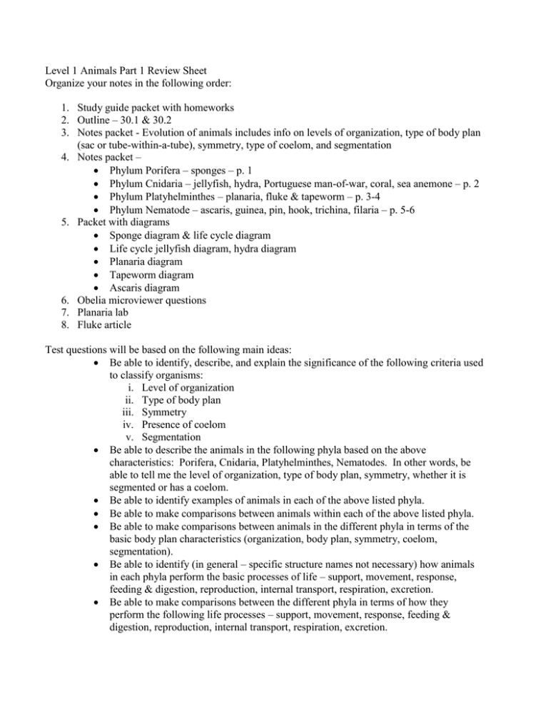 Level 1 Animals Part 1 Review Sheet