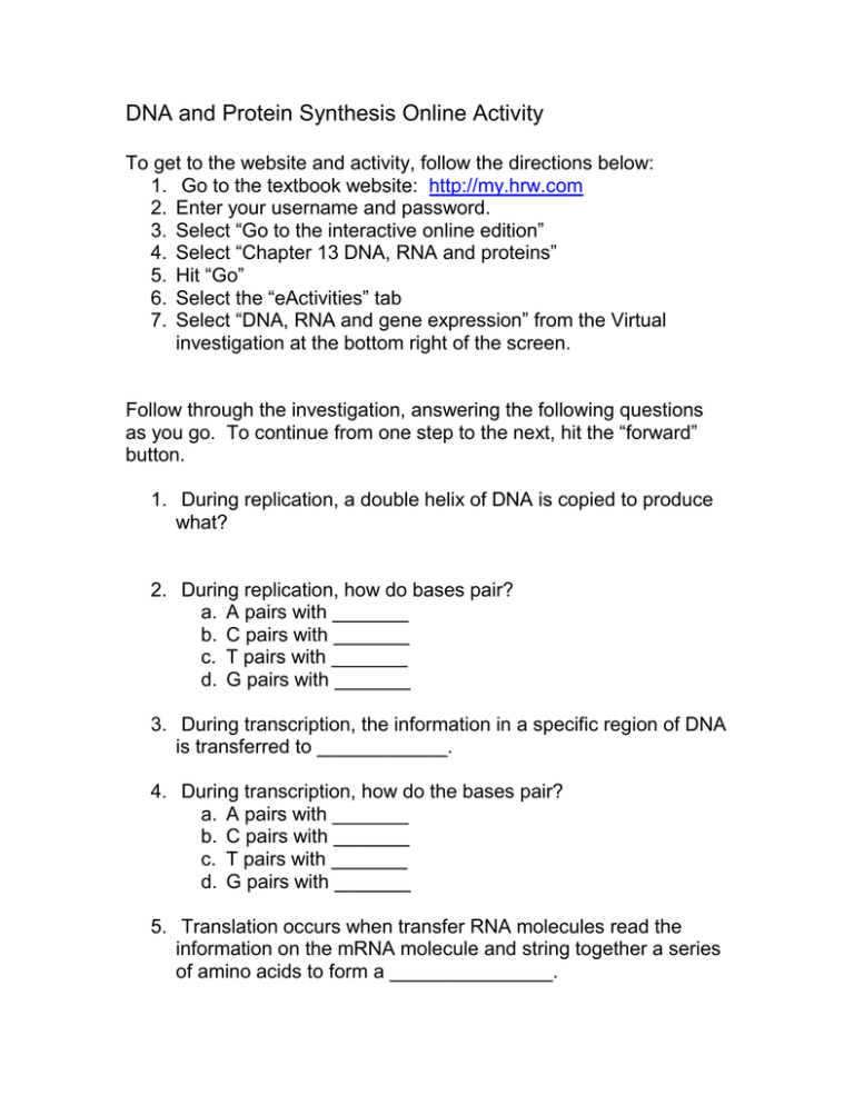 DNA & Protein Synthesis Worksheet: Replication, Transcription
