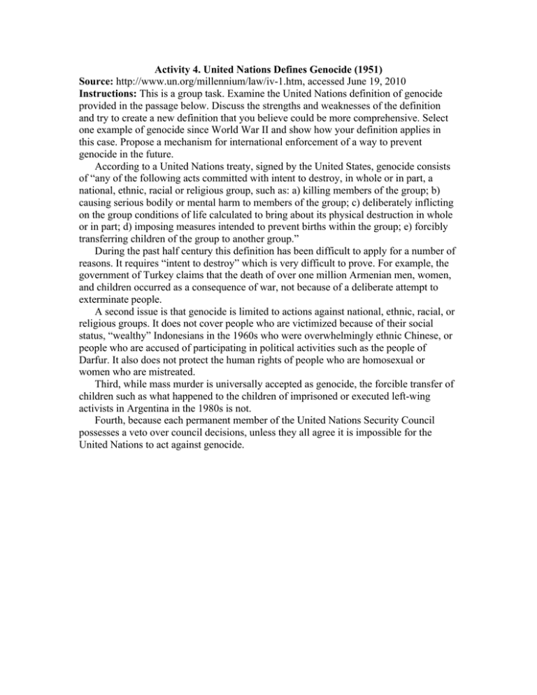 UN Genocide Definition Activity: Analysis & Prevention