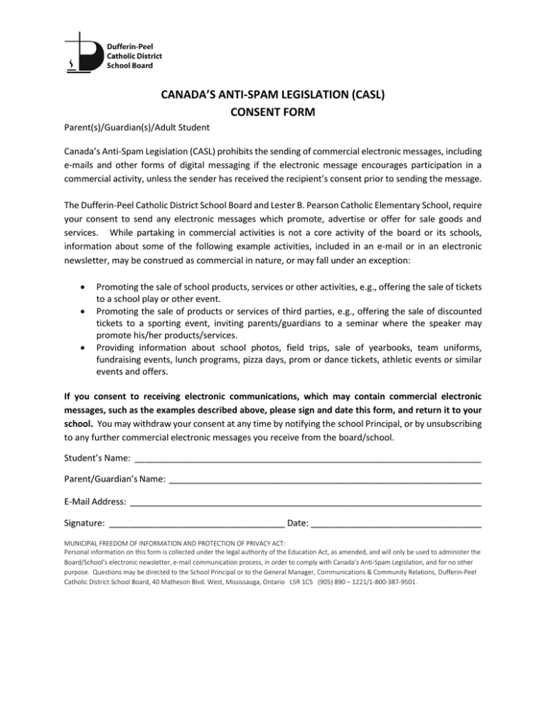 CASL Consent Form - Dufferin-Peel Catholic School Board