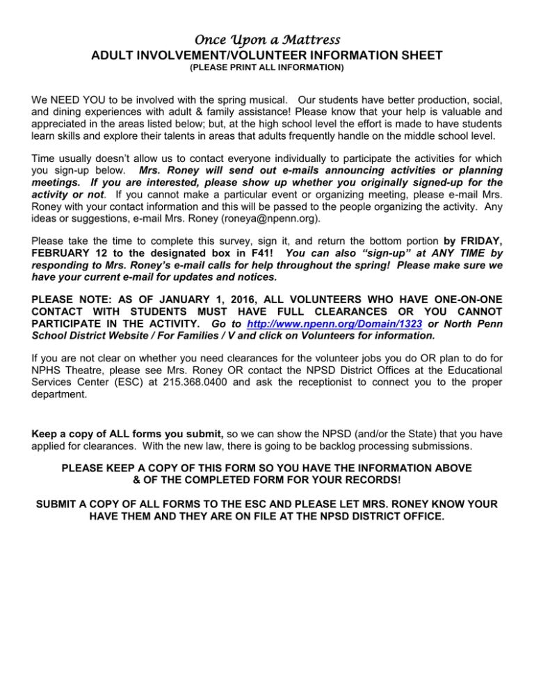 ADULT INVOLVEMENT/VOLUNTEER INFORMATION SHEET