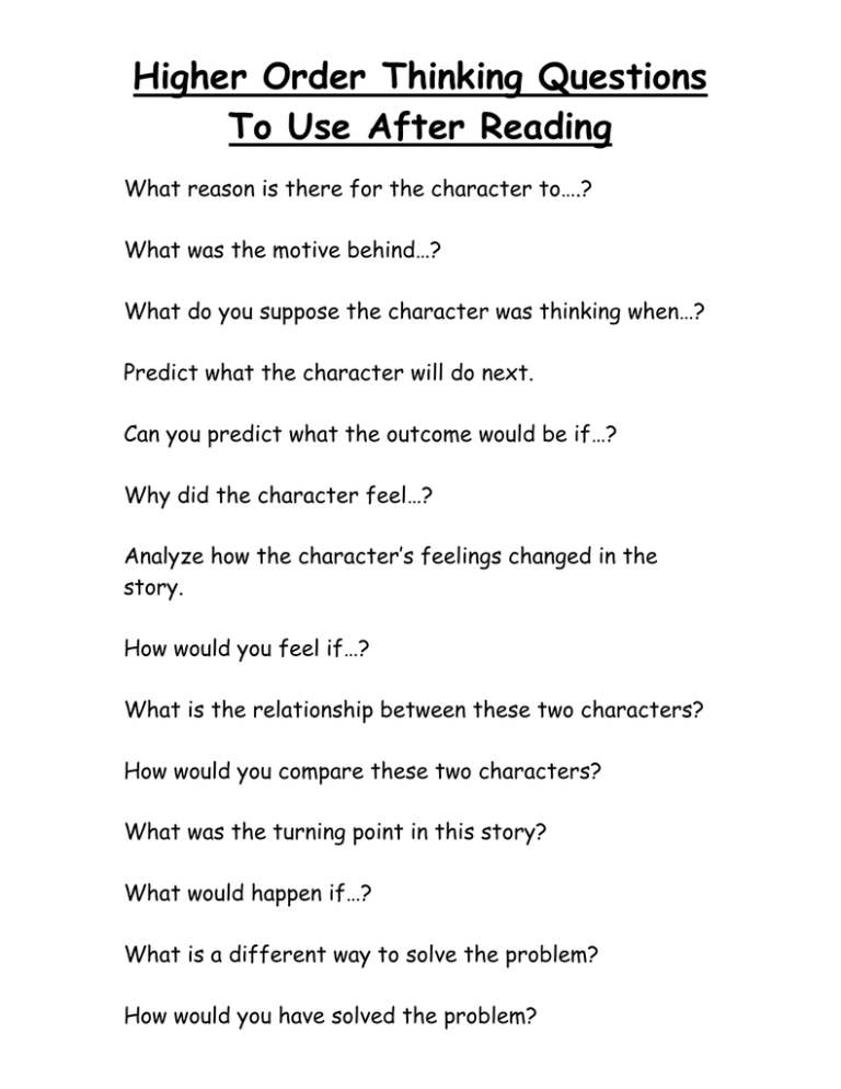 Higher Order Thinking Questions for Reading Comprehension