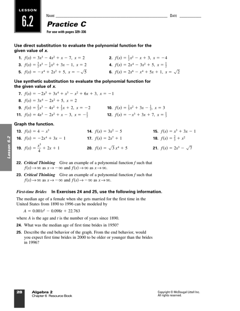 Algebra 2 Practice: Polynomial Functions & Substitution